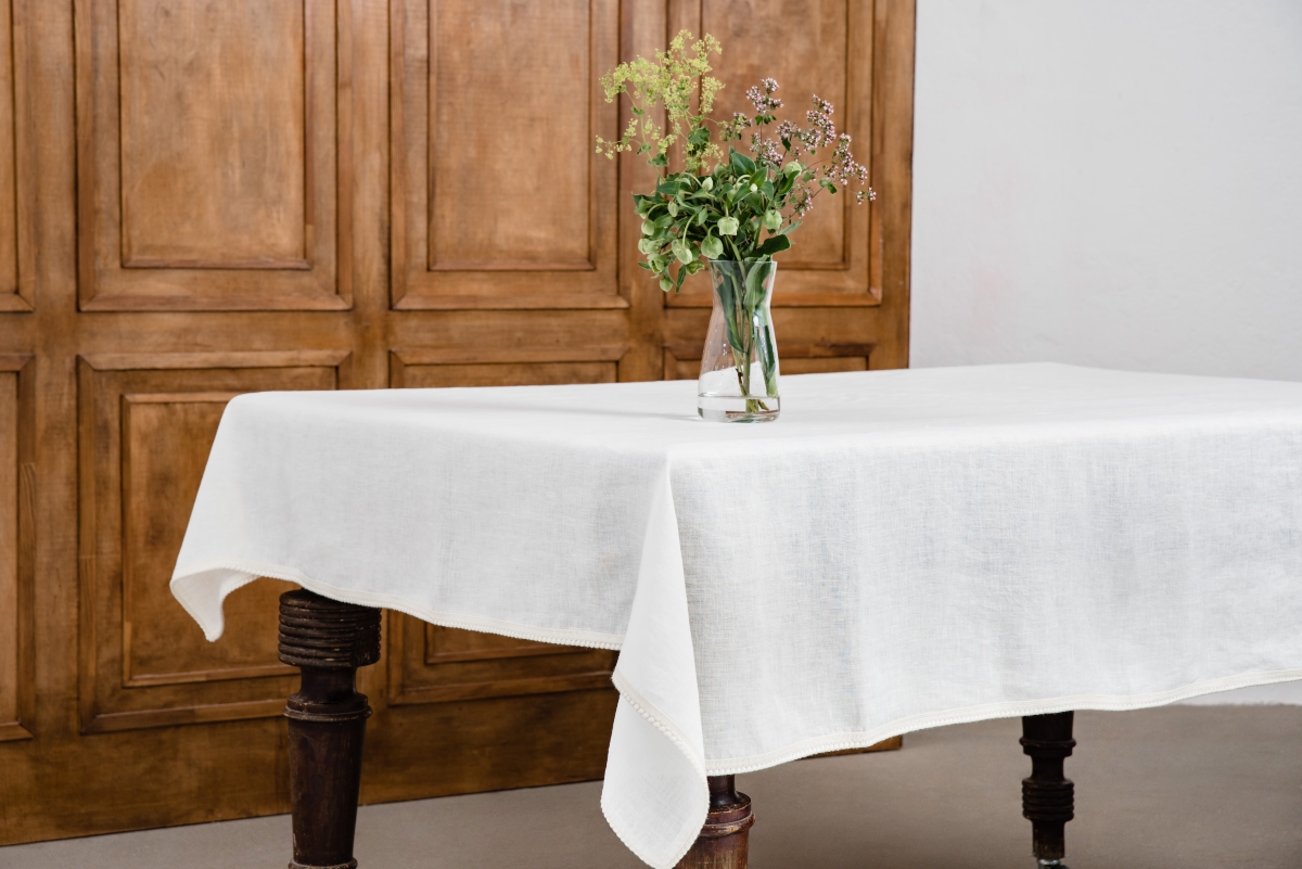 Linen Tablecloth | Finished with a Creamy Wool Pom-Pom Fringe